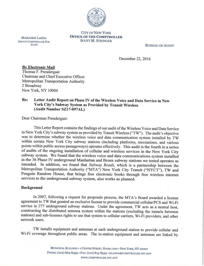 Letter Report on Phase IV of the Wireless Voice and Data Service in New ...