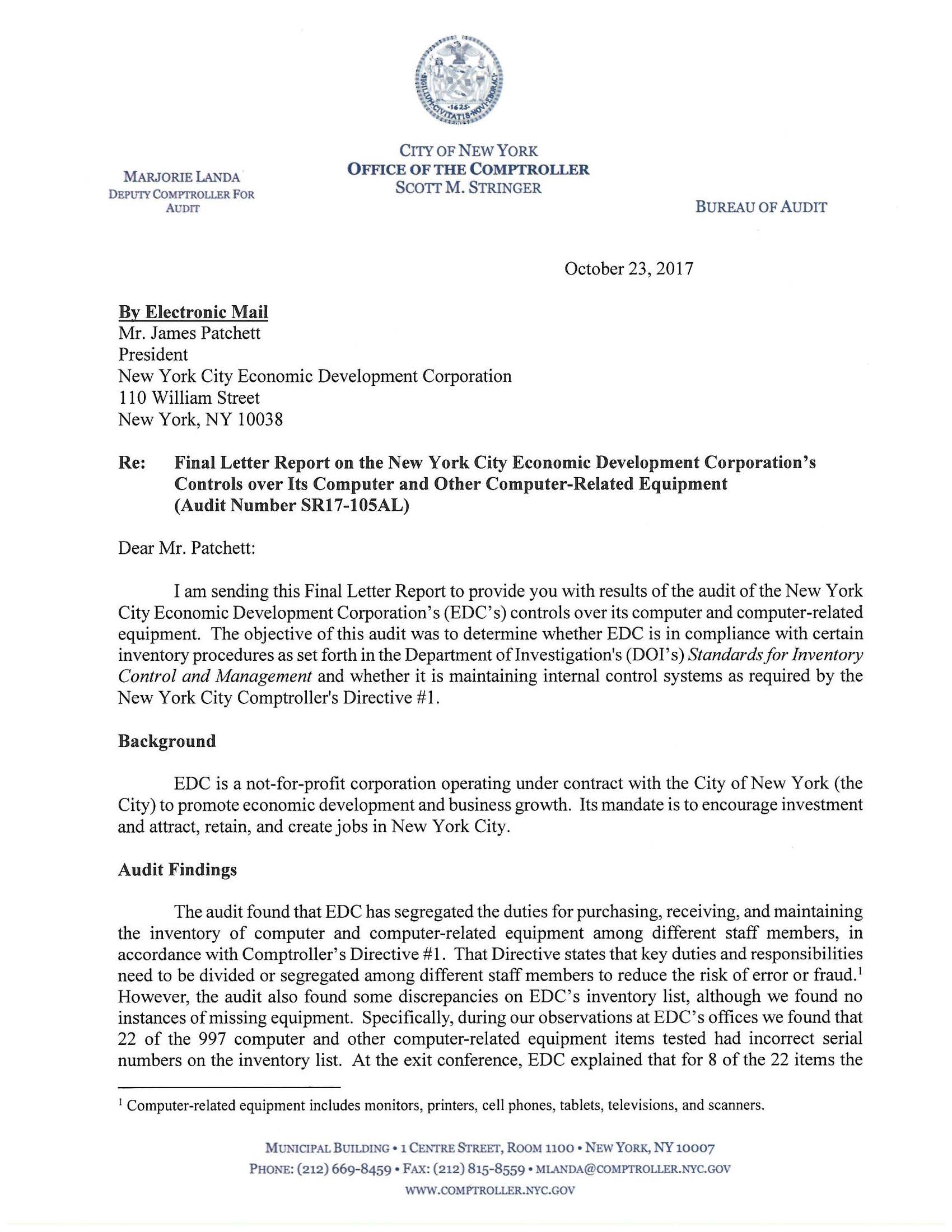 Final Letter Report on the New York City Economic Development ...