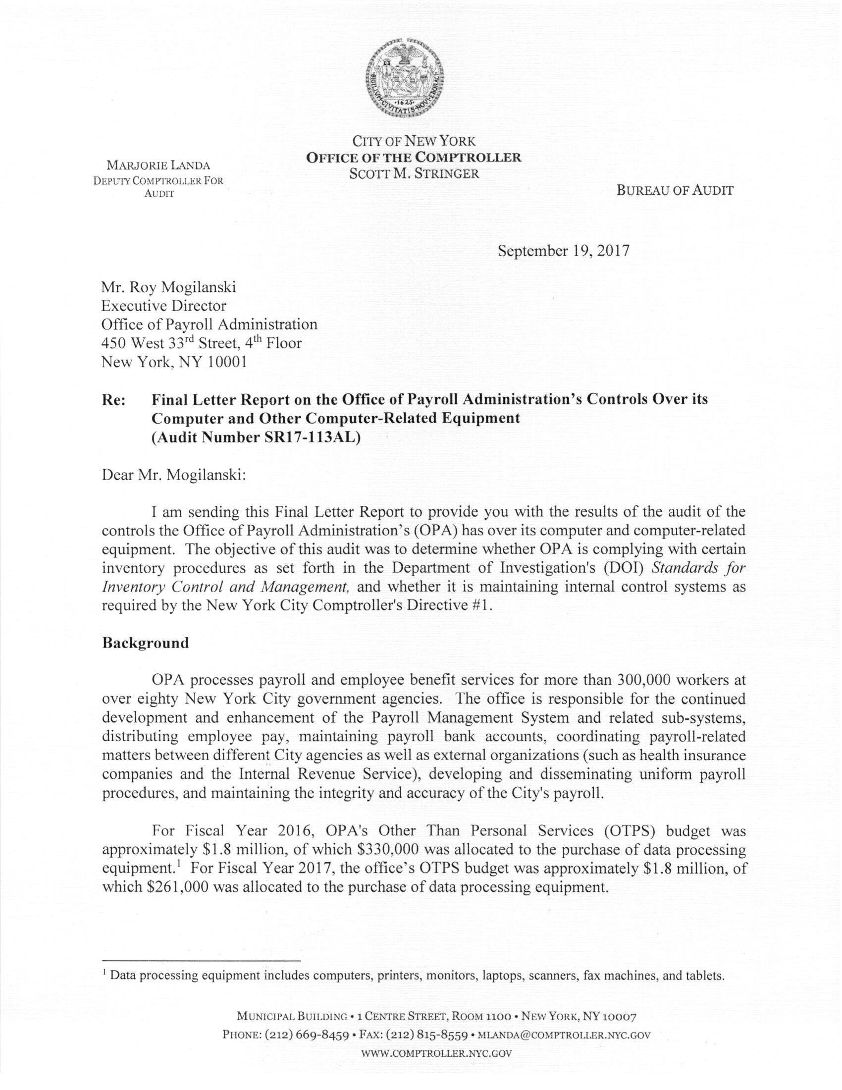 Final Letter Report on the Office of Payroll Administration’s Controls ...