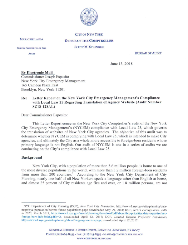 Letter Report on the New York City Emergency Management’s Compliance ...