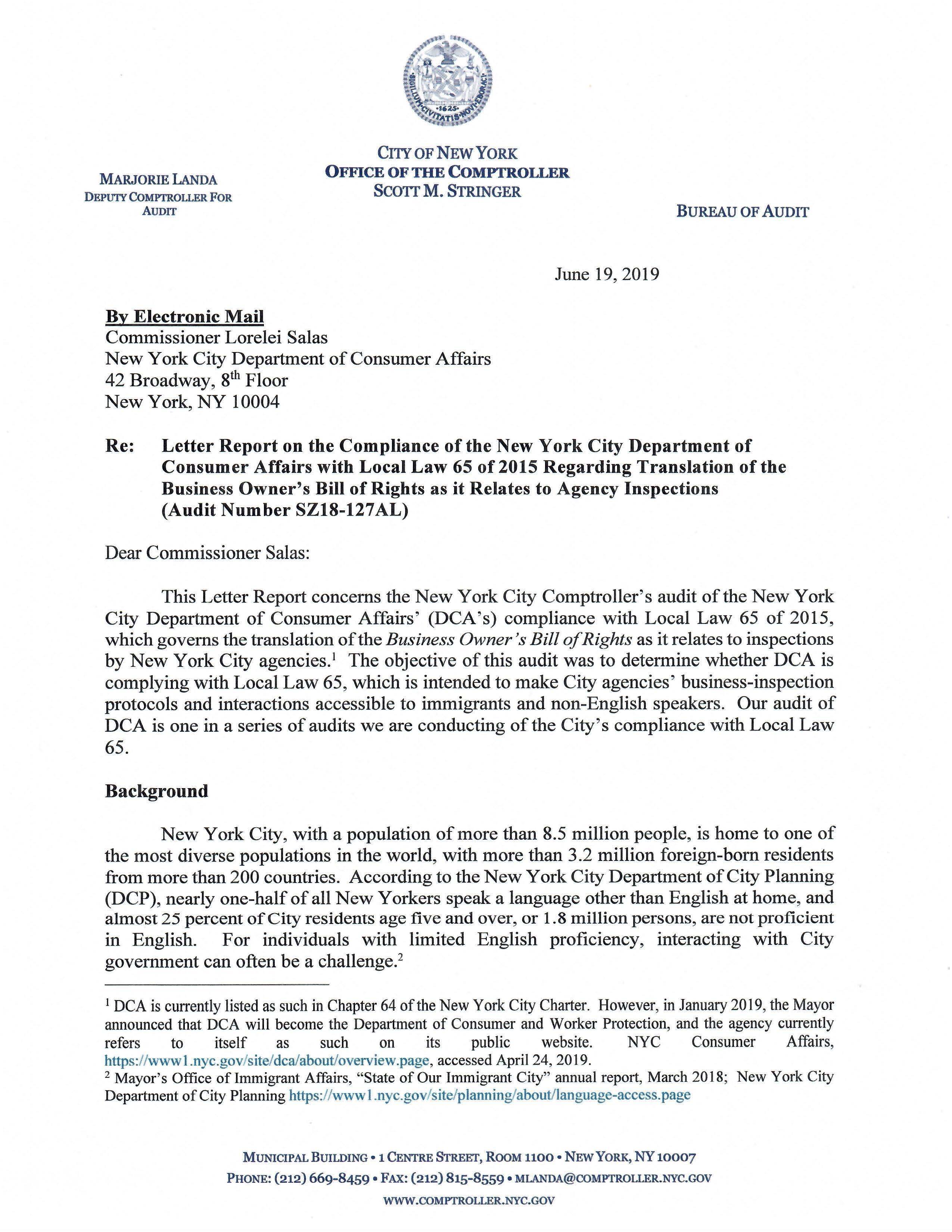 Letter Report On The Compliance Of The New York City Department Of ...