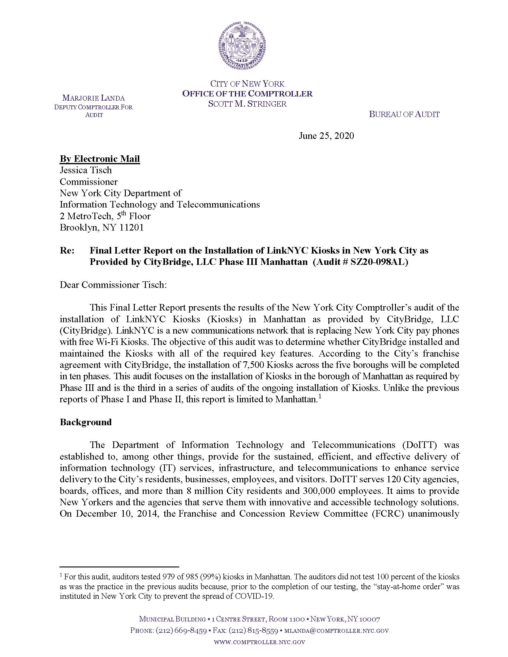 Final Letter Report on the Installation of LinkNYC Kiosks in New York ...
