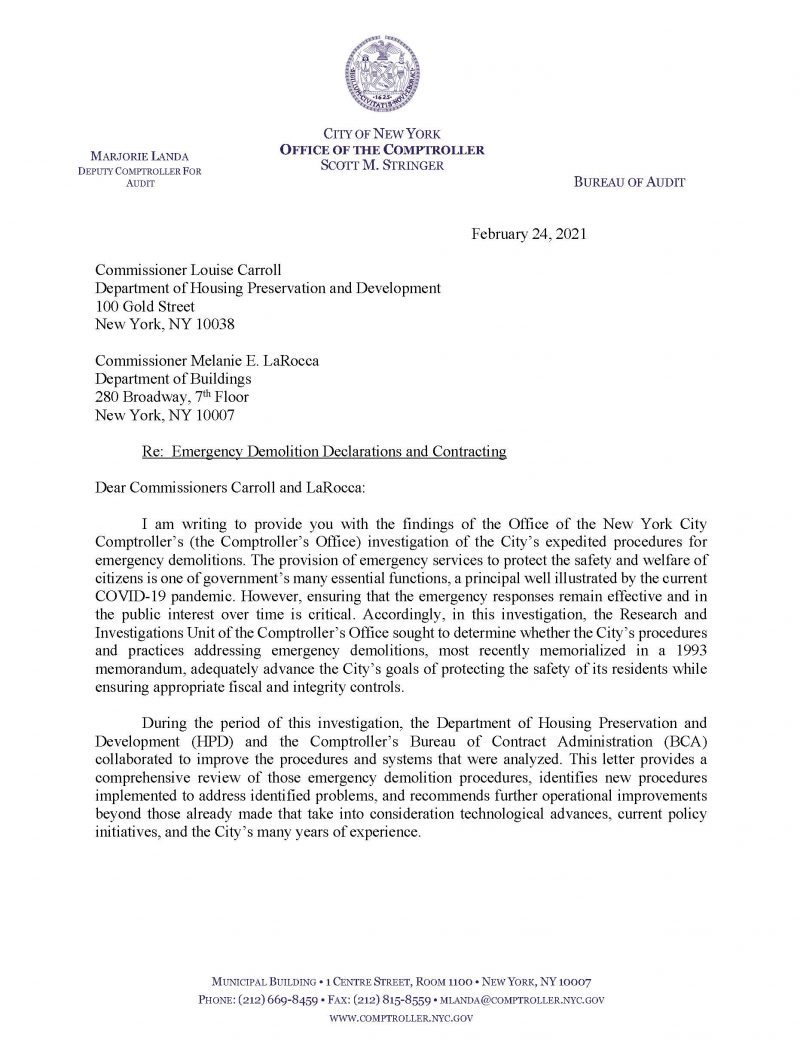Letter Report on the Departments of Housing Preservation Development ...