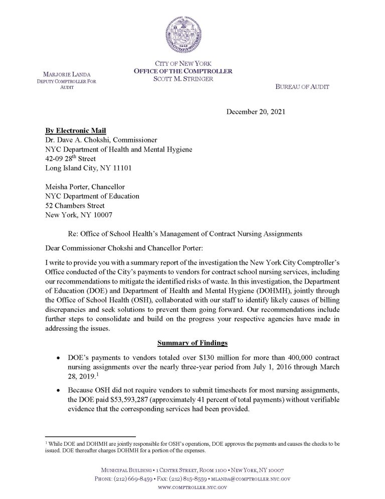 New York City Comptroller’s Contract School Nurses Investigation ...