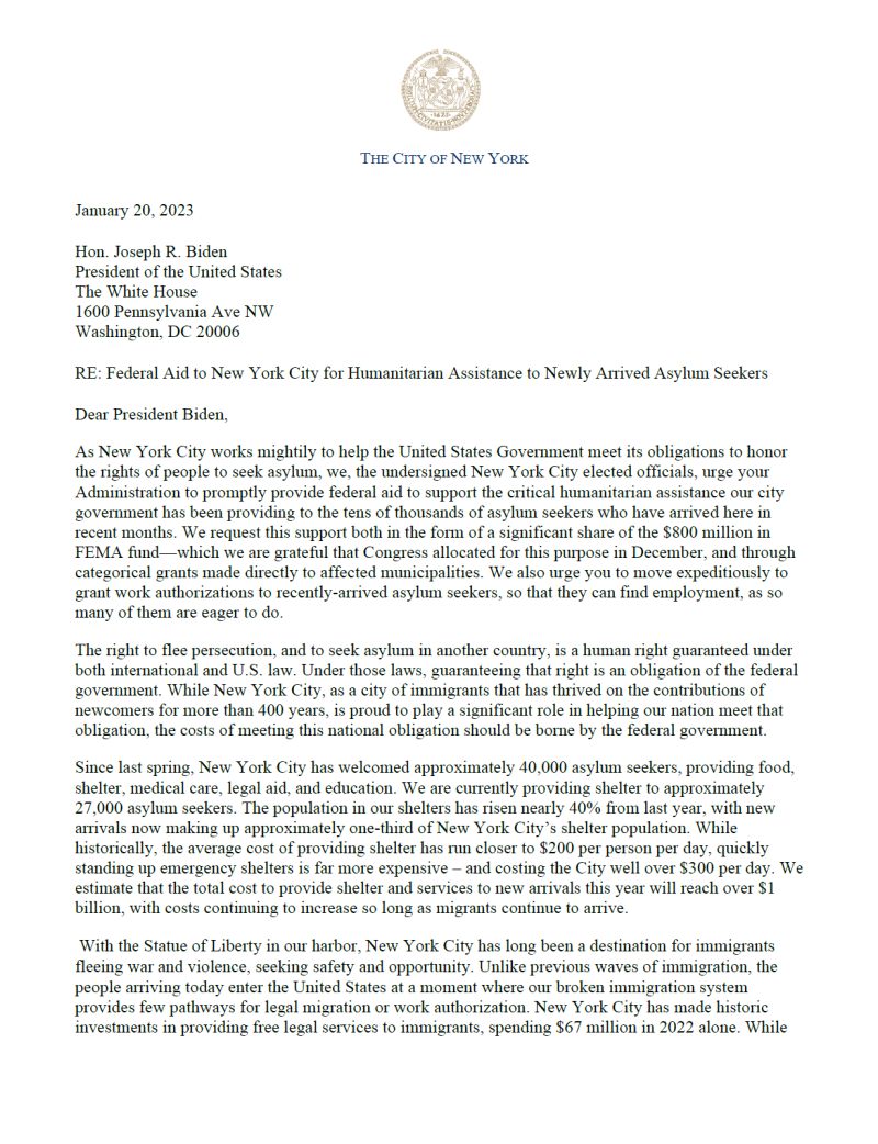 Letter to President Biden and FEMA on Federal Funding for Asylum ...