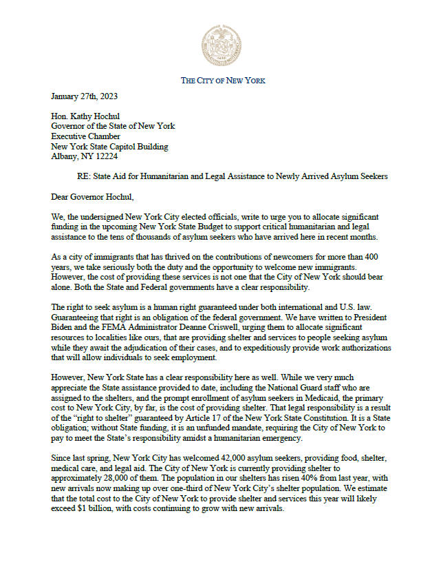 Letter to Governor Hochul on State Funding for Asylum Seekers - Office ...
