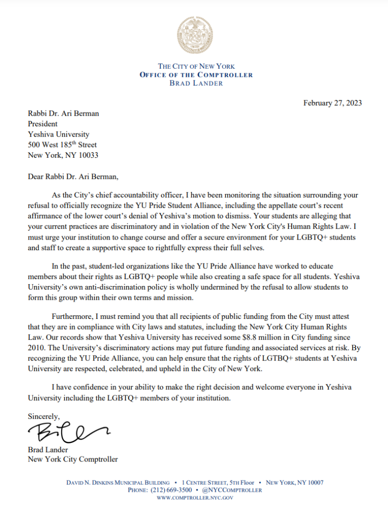 Letter from NYC Comptroller Lander to Yeshiva University President Ari ...