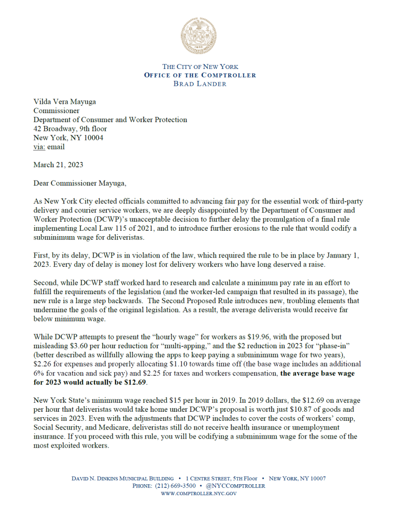 Letter to DCWP on a fair minimum pay rate for delivery workers - Office ...