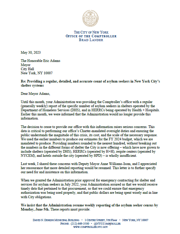 Letter to Mayor Adams Re: Providing a regular, detailed, and accurate ...