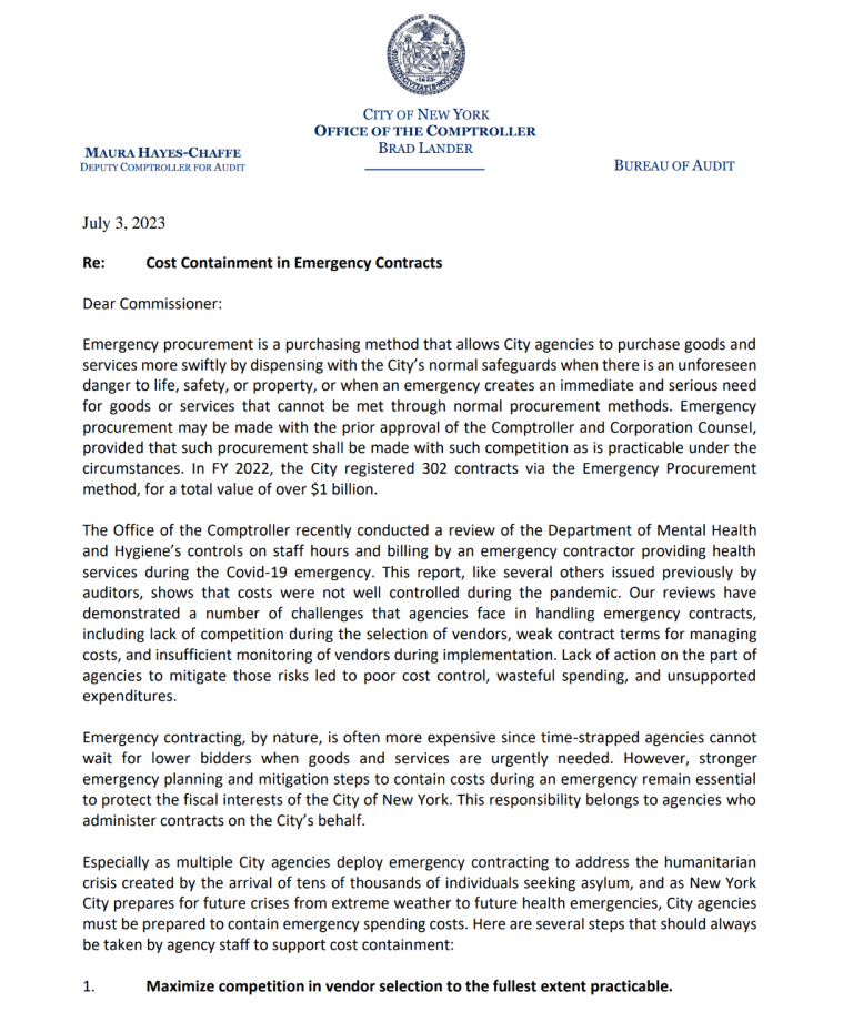 Letter to Agencies Regarding Cost Containment in Emergency Contracts ...