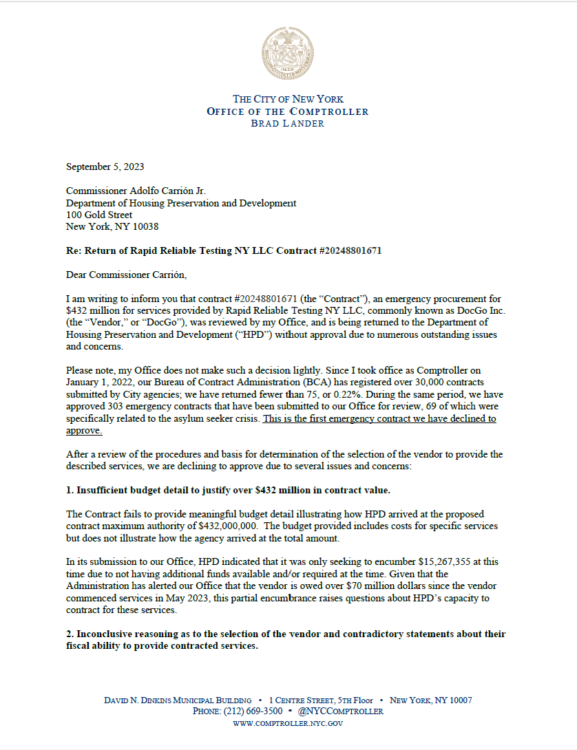 Letter on Return of Rapid Reliable Testing NY LLC Contract #20248801671 ...