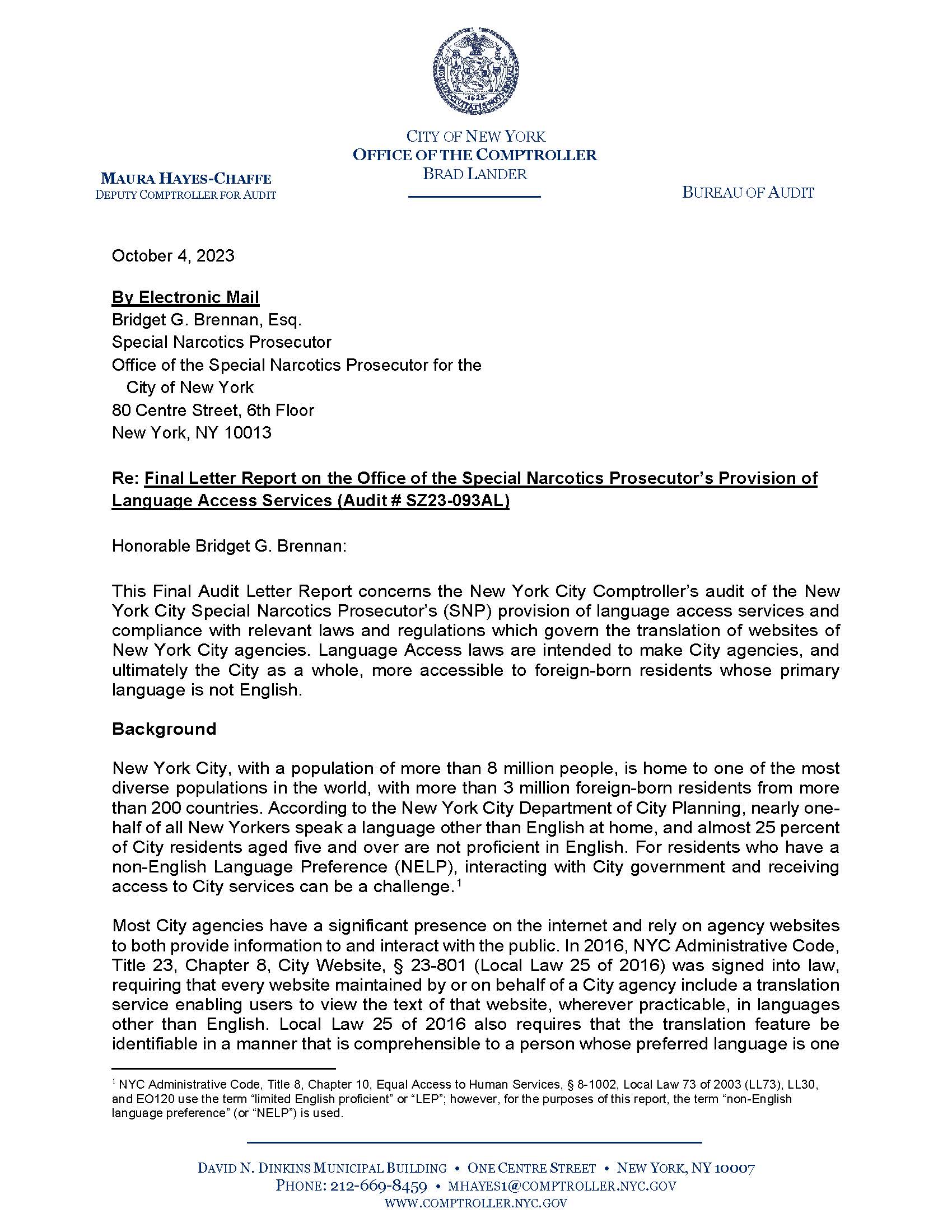 Letter Report on the Office of the Special Narcotics Prosecutor’s ...
