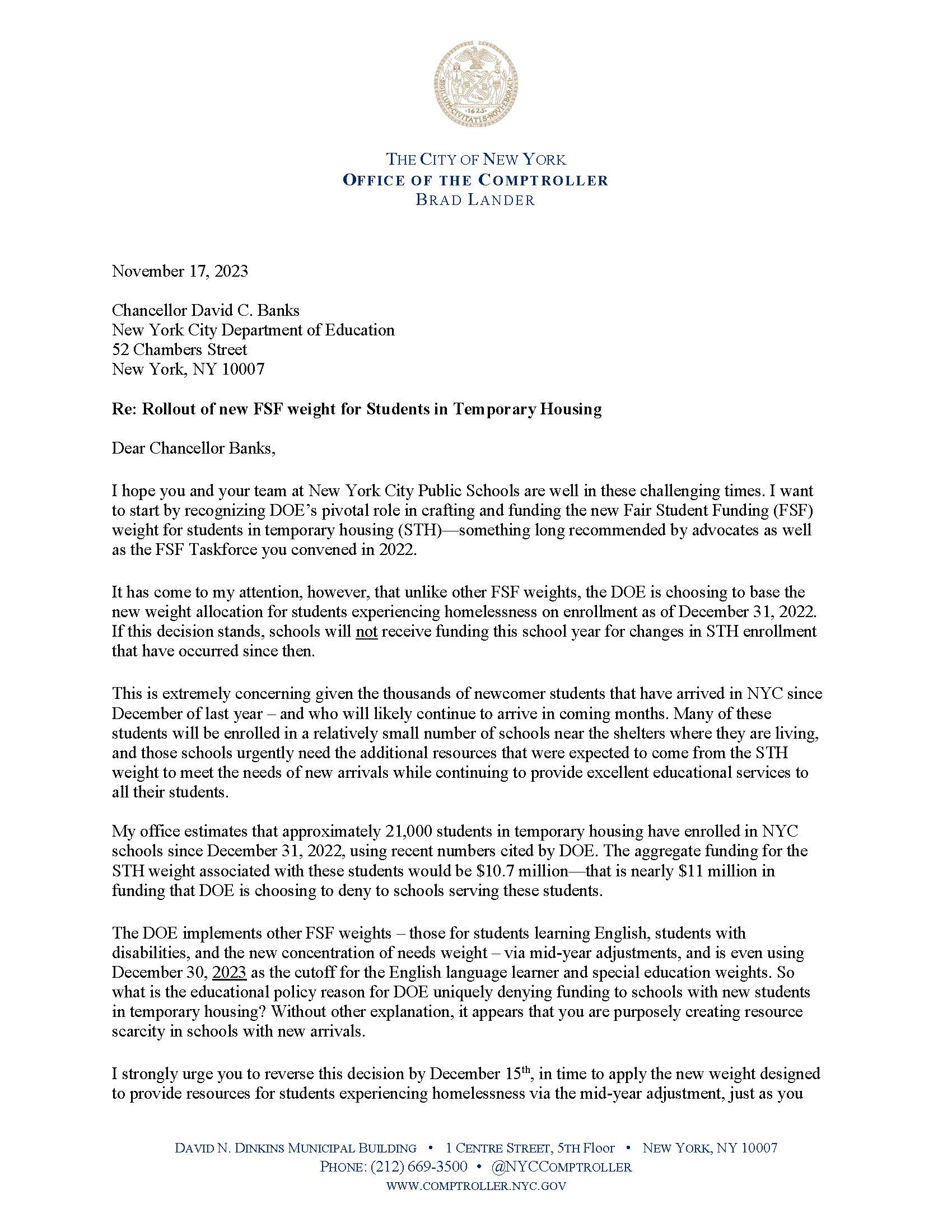 Letter to DOE Chancellor Banks re Rollout of New FSF Weight for ...
