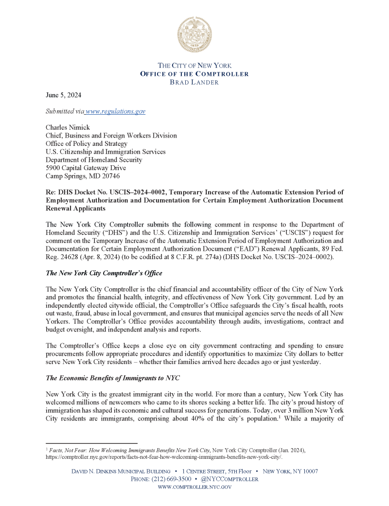 Comptroller Lander Comment in Support of DHS Docket USCIS-2024-0002 ...