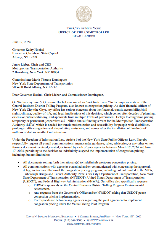 Letter to New York Governor Kathy Hochul, MTA Chair Janno Lieber, and ...