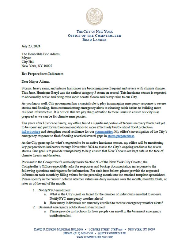 Comptroller Lander’s Letter to Mayor Adams on New York City’s Hurricane ...