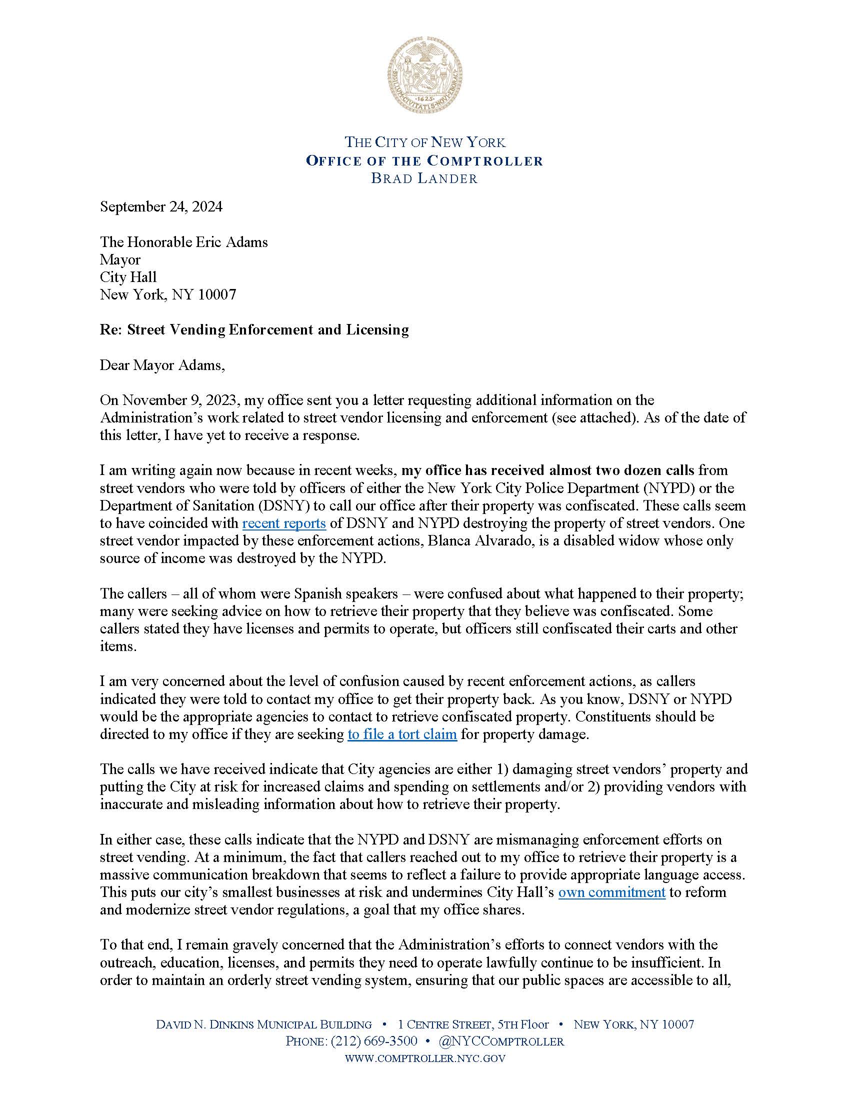 Letter to Mayor Adams re: Street Vending Enforcement and Licensing ...