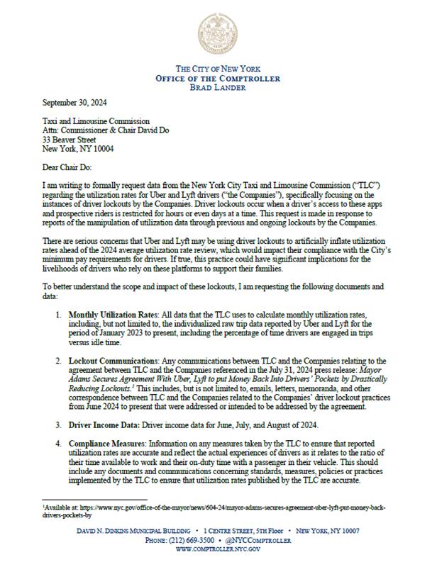 Letter to Taxi and Limousine Commission on Utilization Rates for Uber ...
