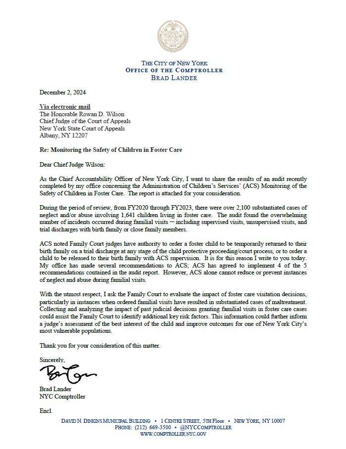 Letter to Family Court Regarding Monitoring the Safety of Children in ...