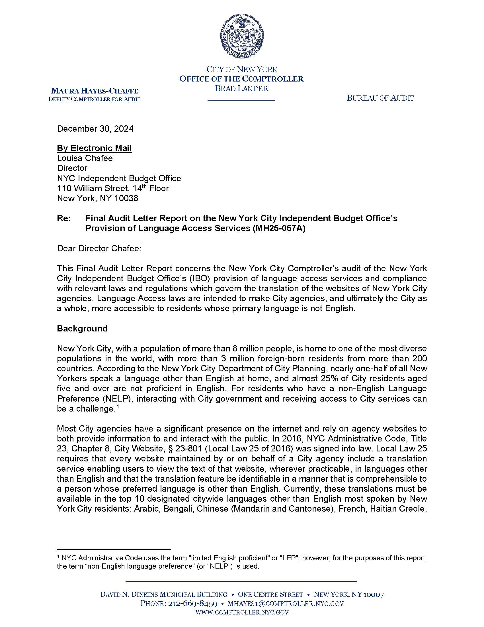 Final Audit Letter Report on the New York City Independent Budget ...