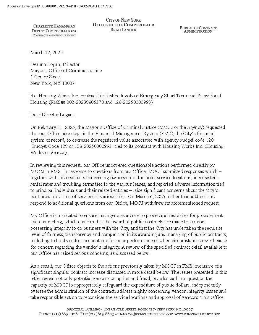 Letter to the New York City Law Department Re: Legal Action to Recover ...