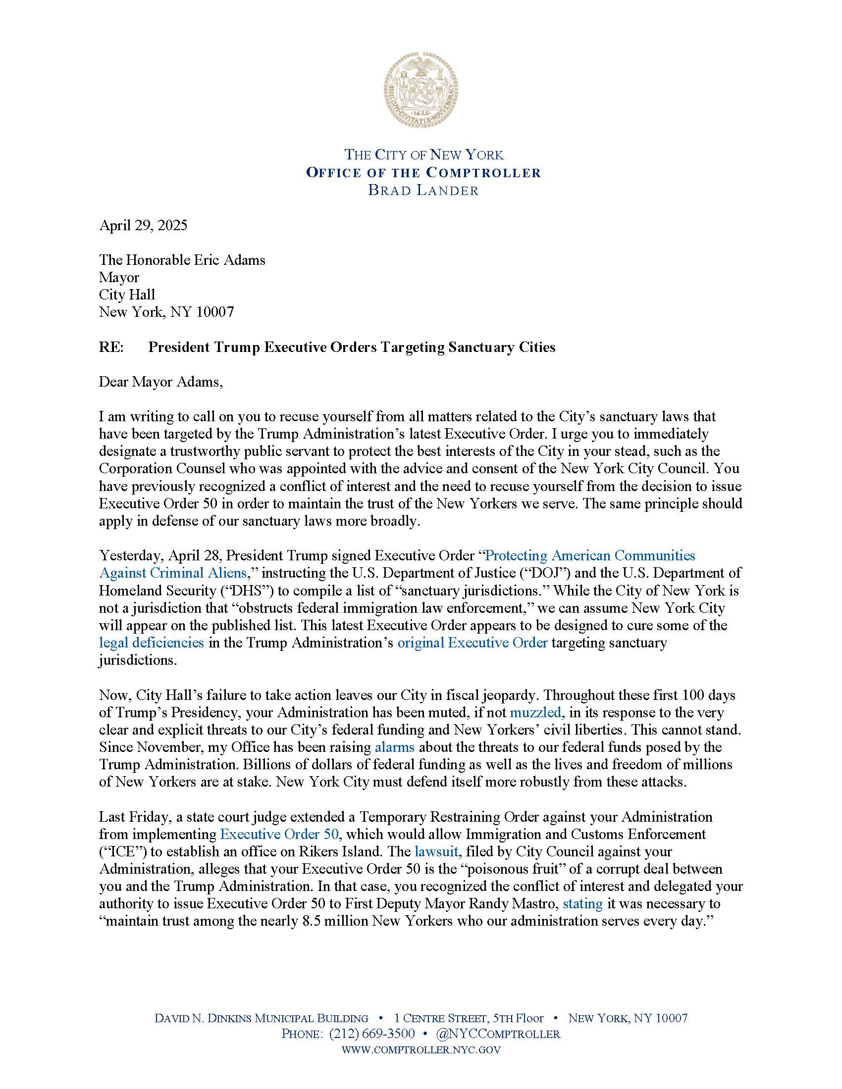 Letter to Mayor Adams re: President Trump Executive Orders Targeting ...