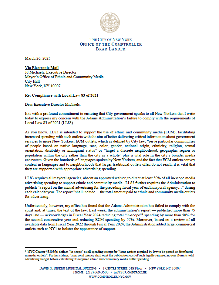 NYC Comptroller Lander Letter to MOECM Re: Compliance with Local Law 83 ...
