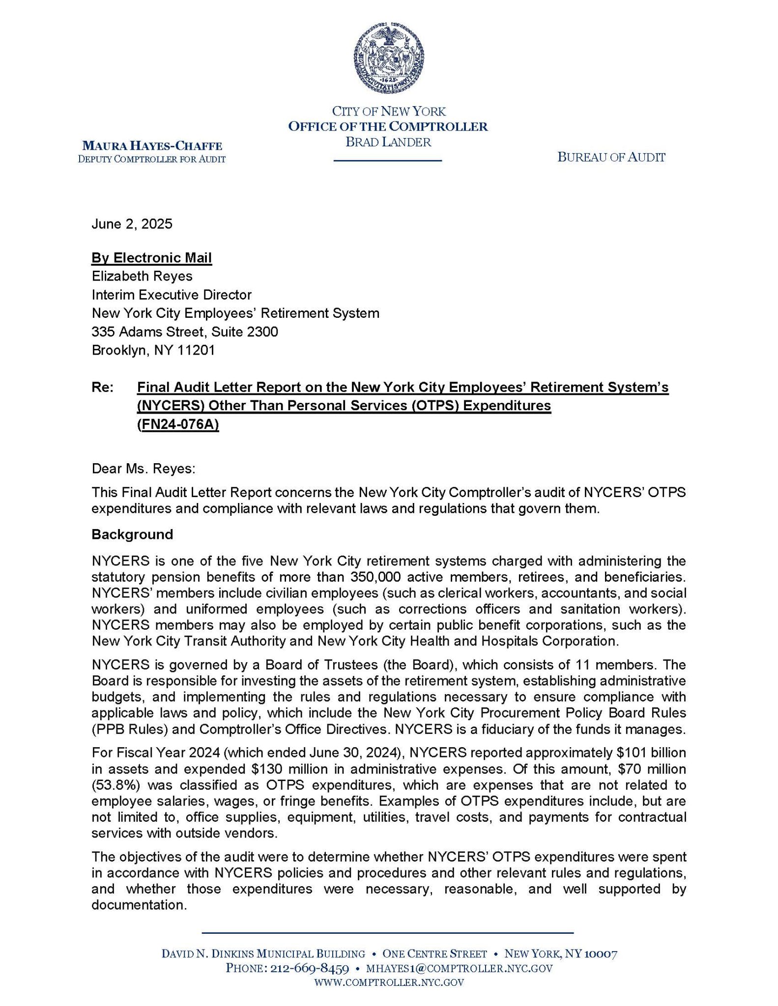 Final Audit Letter Report on the New York City Employees’ Retirement ...