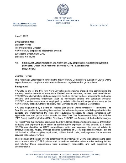 Final Audit Letter Report on the New York City Employees’ Retirement ...