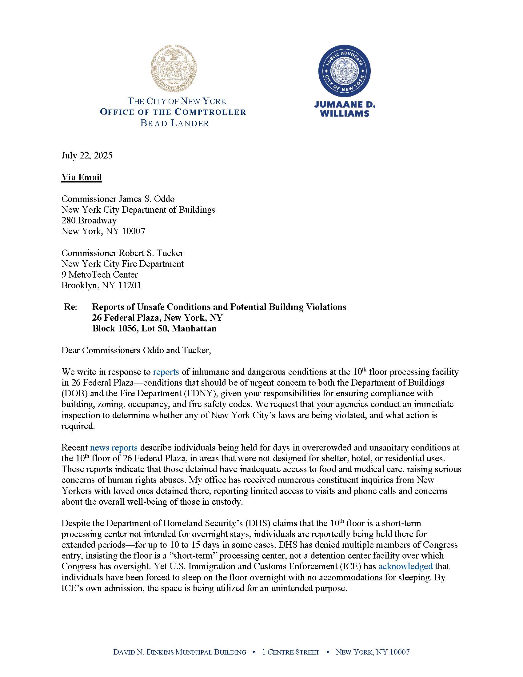 Letter to Commissioner Oddo and Commissioner Tucker Re: Reports of Unsafe Conditions and ...