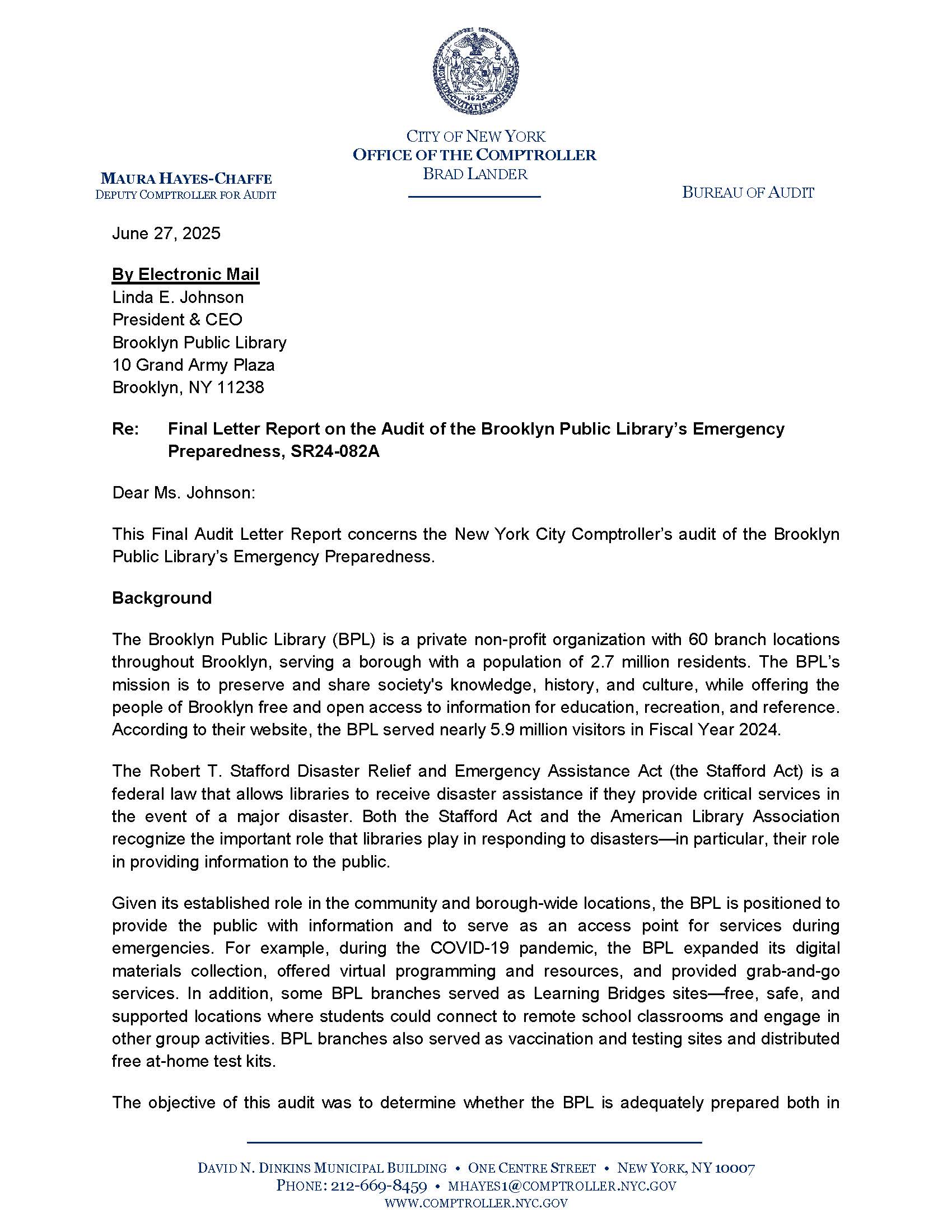 Final Letter Report on the Audit of the Brooklyn Public Library’s ...