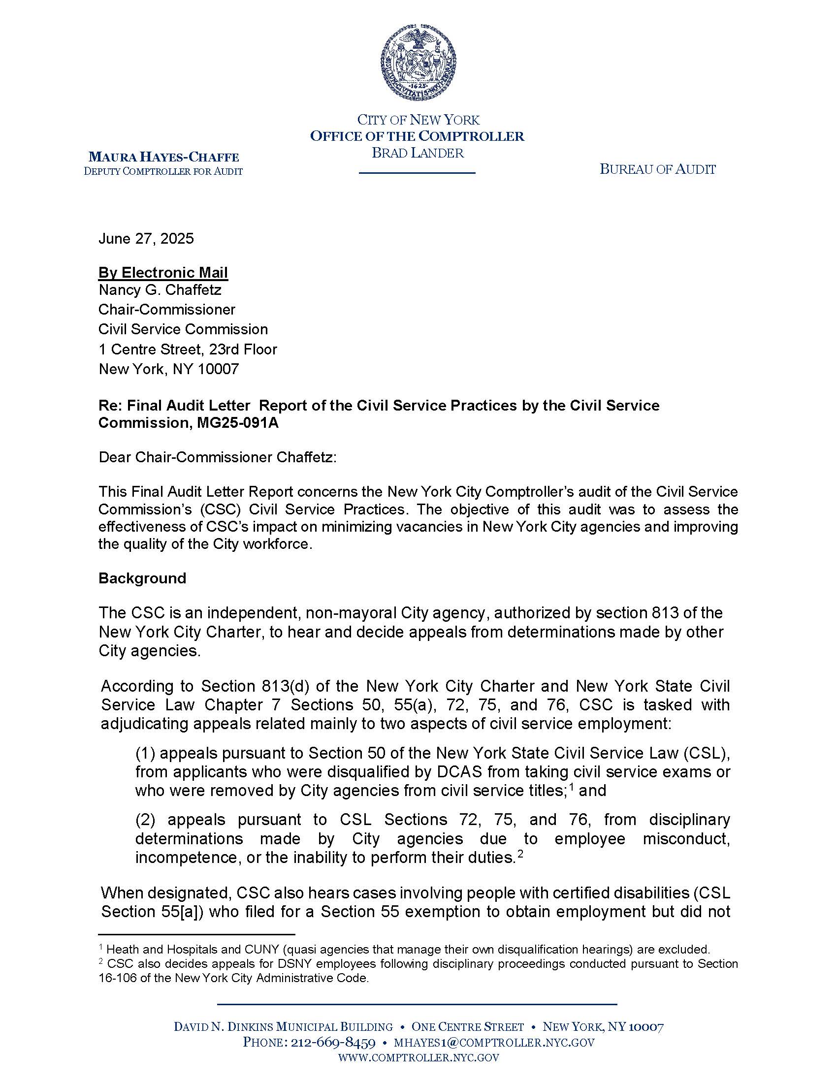 Final Audit Letter Report of the Civil Service Practices by the Civil ...