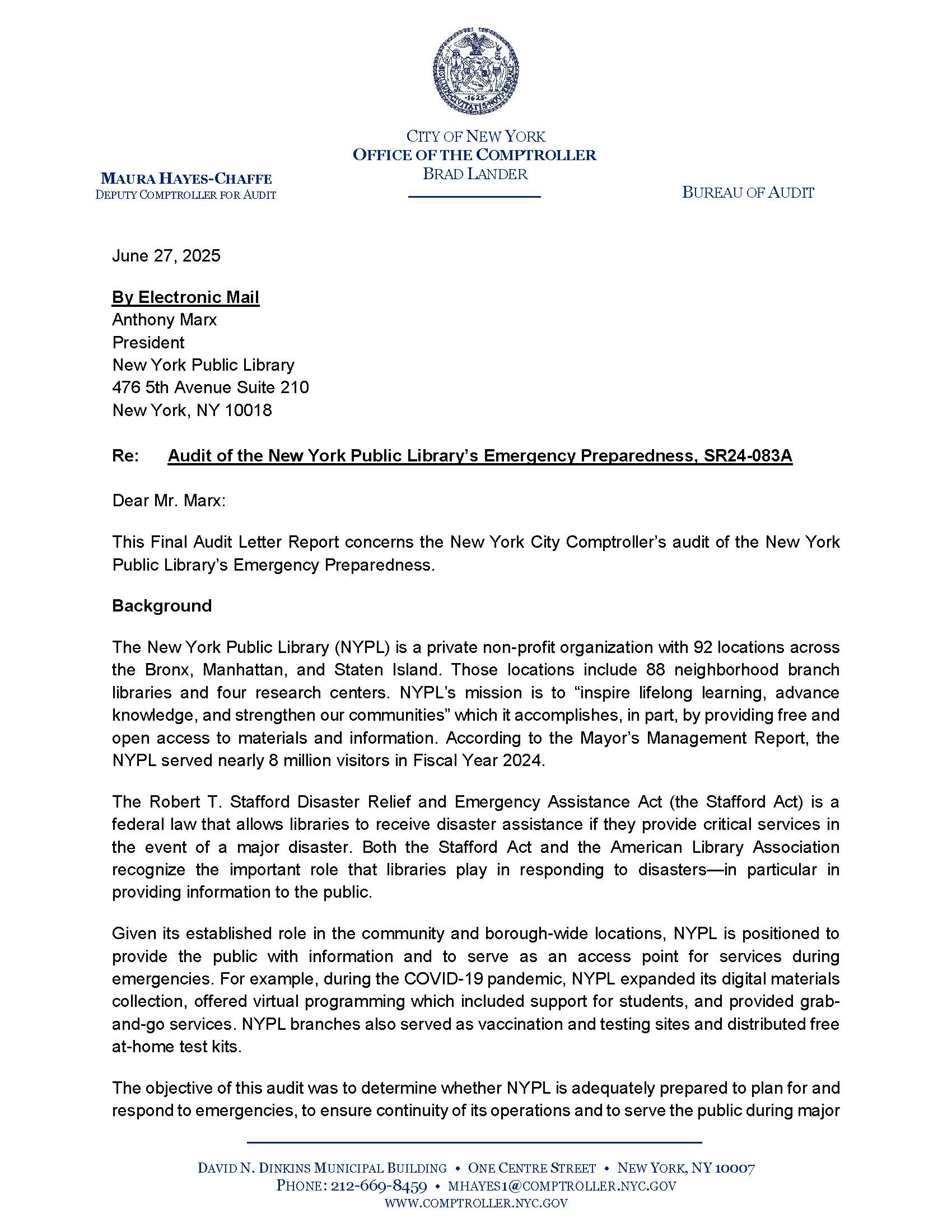 Audit of the New York Public Library’s Emergency Preparedness - Office ...