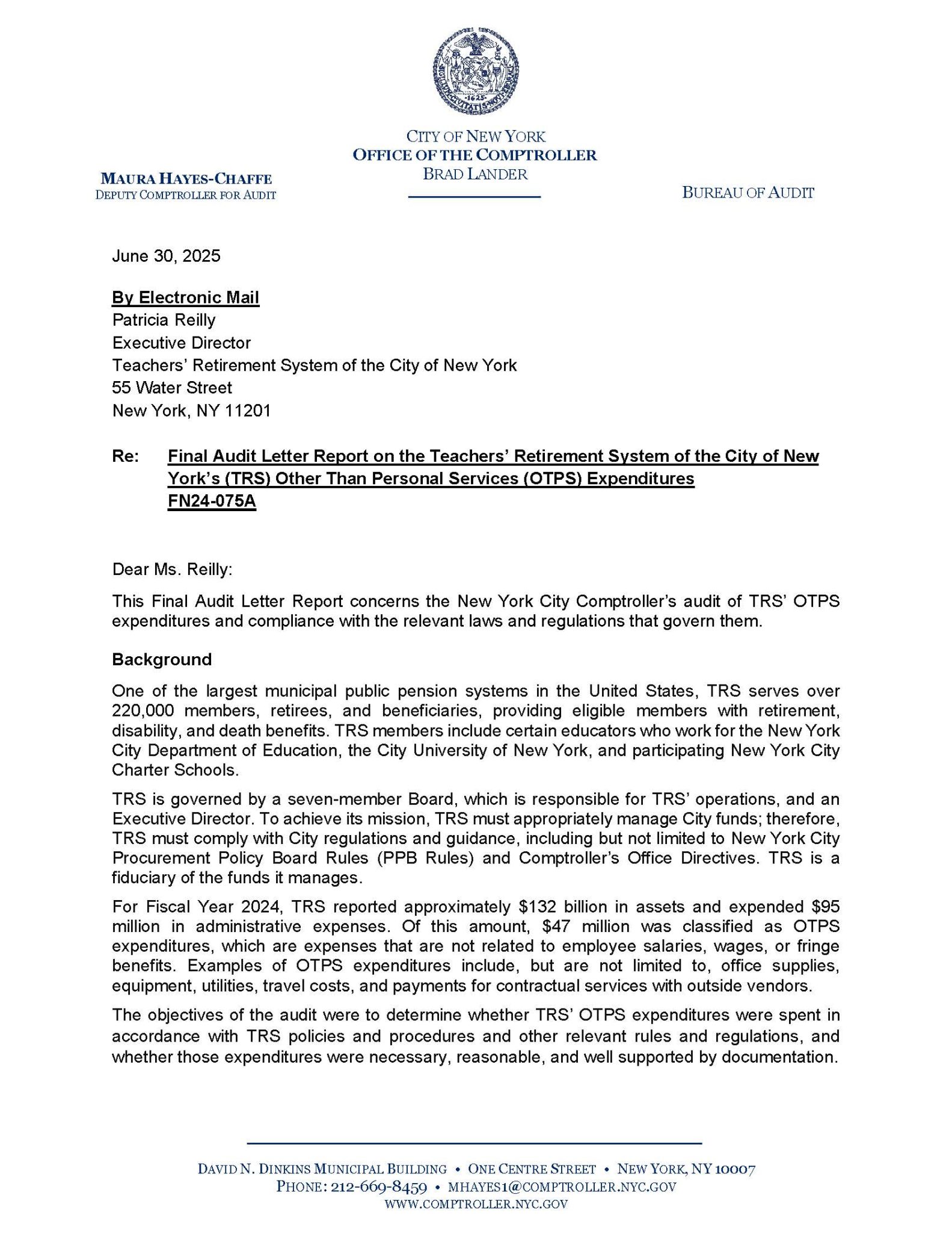 Final Audit Letter Report on the Teachers’ Retirement System of the ...