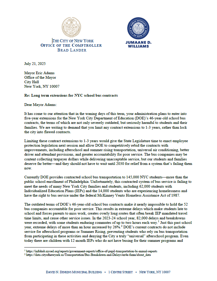 Letter to Mayor Eric Adams Re: Long term extensions for NYC school bus ...