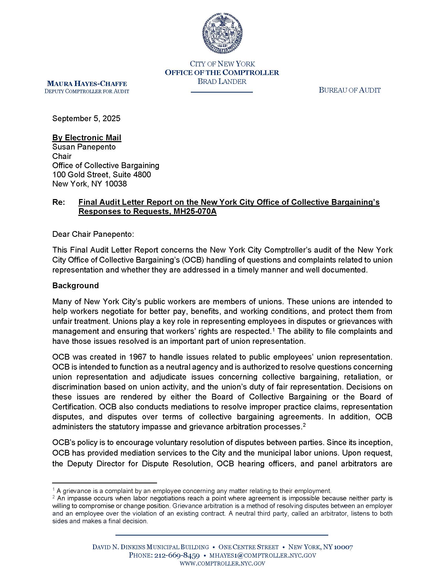 Final Audit Letter Report on the New York City Office of Collective ...
