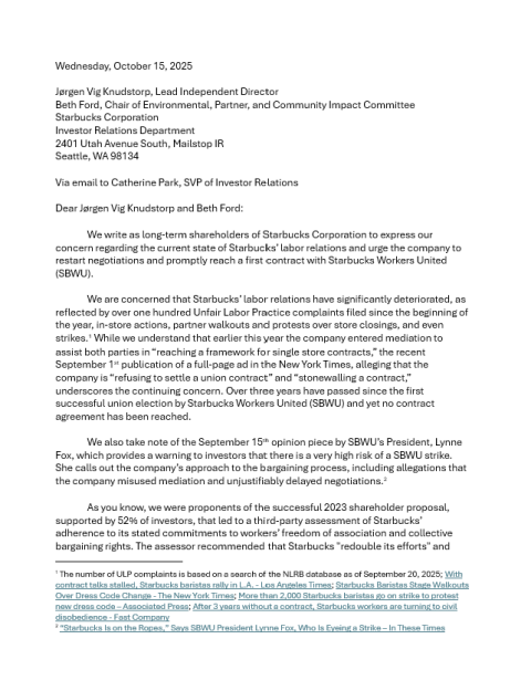 Letter to Starbucks Board of Directors from Comptroller Lander ...
