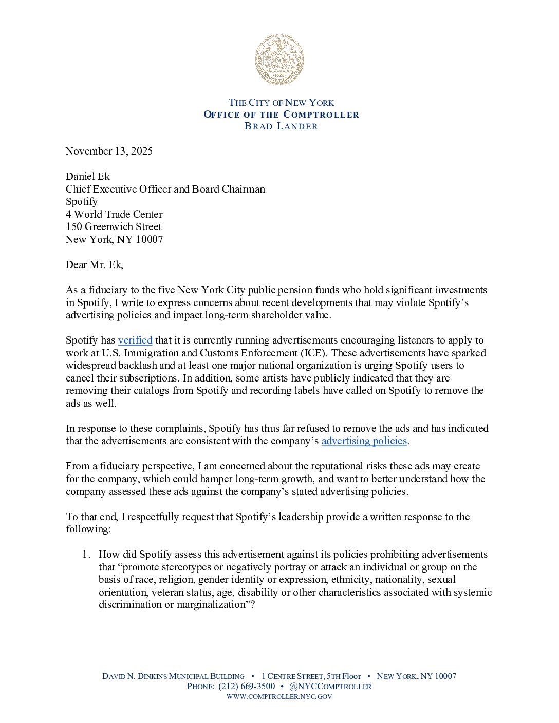 Letter to Spotify CEO Daniel Ek Re: U.S. Customs and Immigration ...