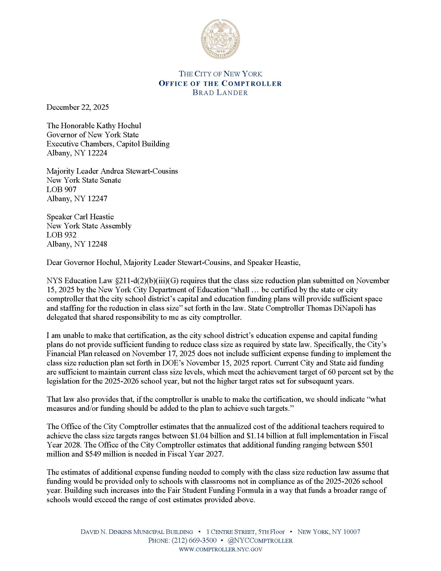 Letter from NYC Comptroller Lander re: 2025 class size plan ...