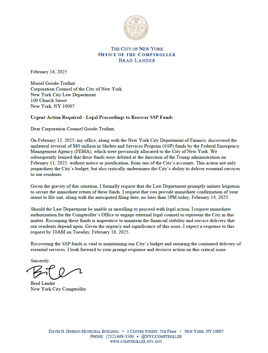 Letter to the New York City Law Department Re: Legal Action to Recover ...