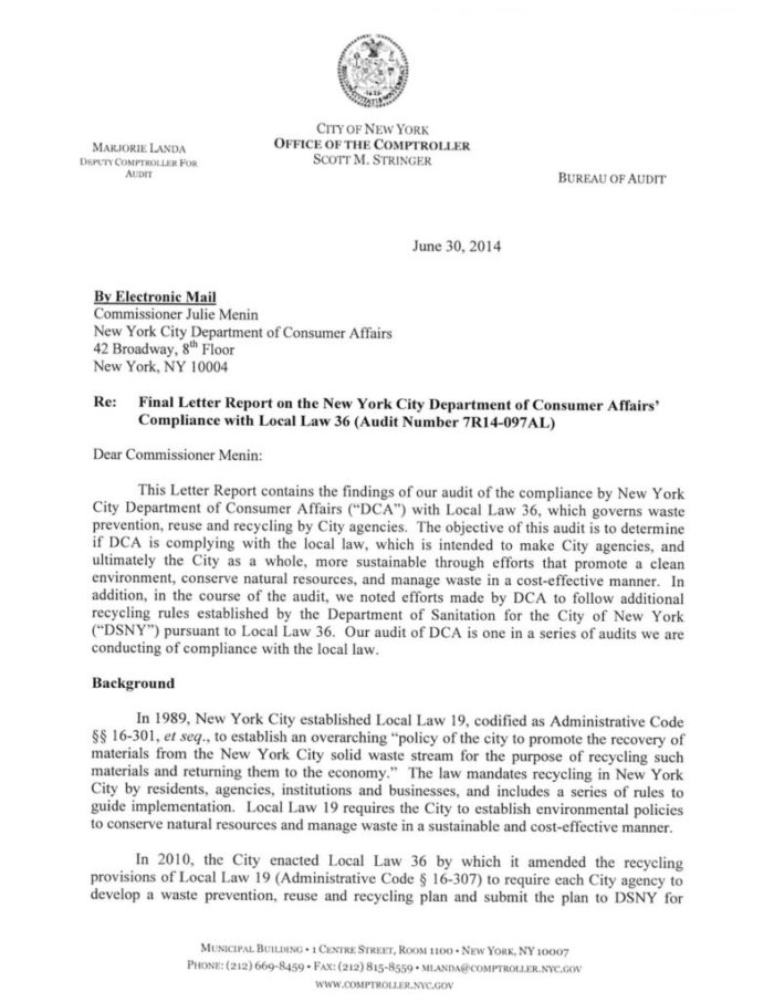 Letter Report on the New York City Department of Consumer Affairs ...