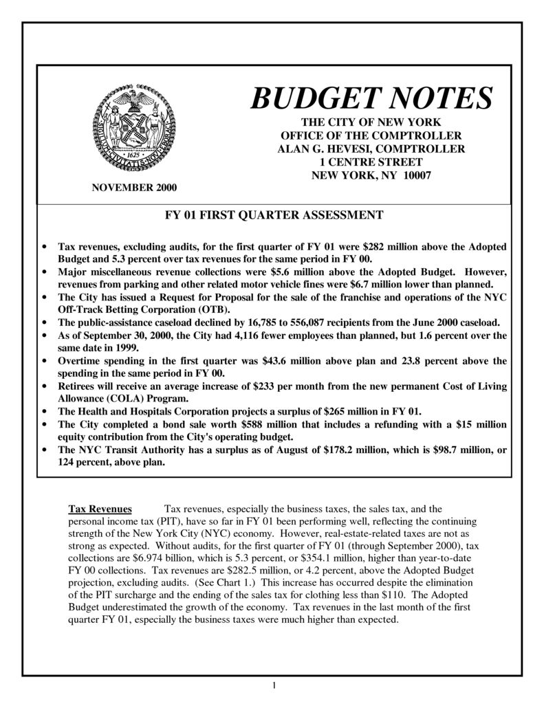 Budget Notes November 2000 : Office of the New York City Comptroller ...