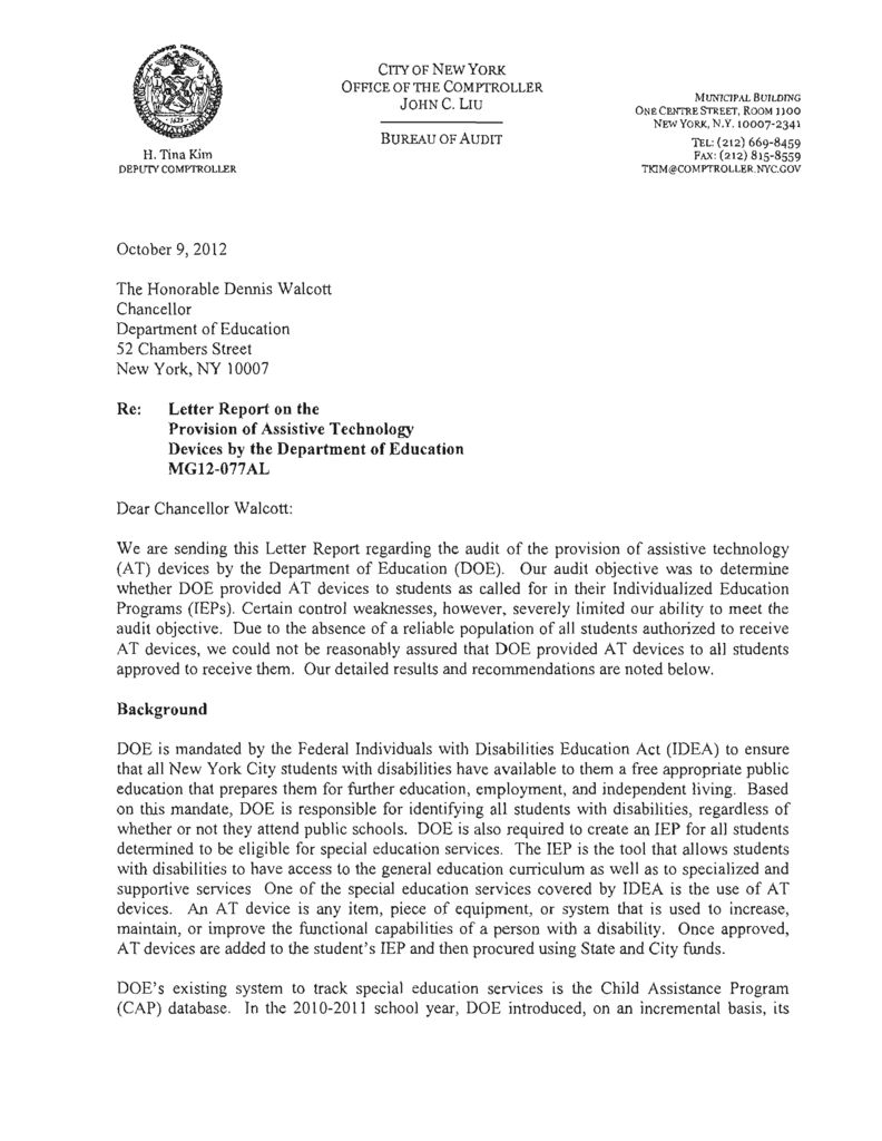 Letter Report on the Provision of Assistive Technology Devices by the ...