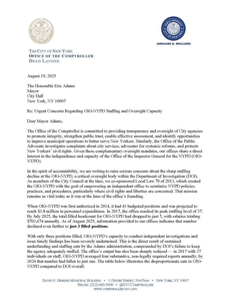 Letter to Mayor Adams Re: Urgent Concerns Regarding OIG-NYPD Staffing ...